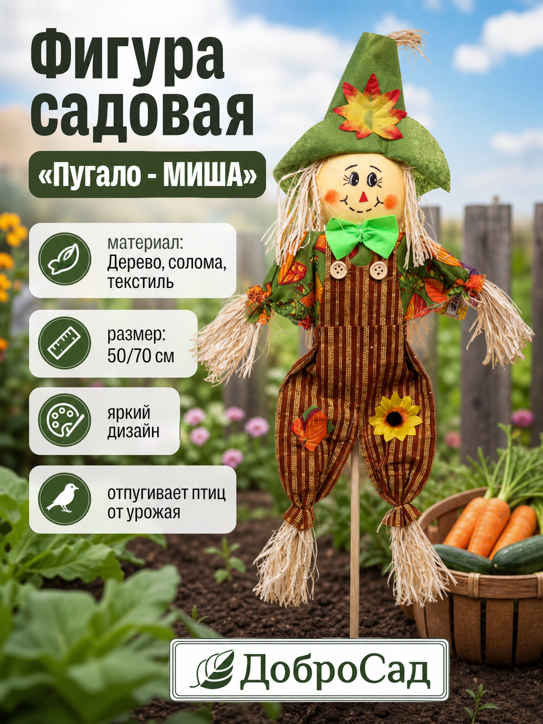 Пугало огородное «Миша» 50/70 см, текстиль и солома/ Декор для огорода и дачи / Отпугиватель птиц "ДоброСад"