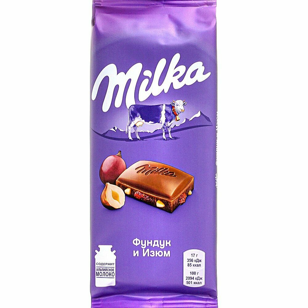 Milka Шоколад молочный с Дробленым Фундуком и Изюмом, 80 г/