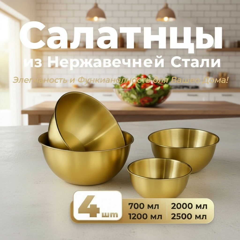 Shiny Kitchen 4 миски 2 5 литра золотые нержавеющая сталь