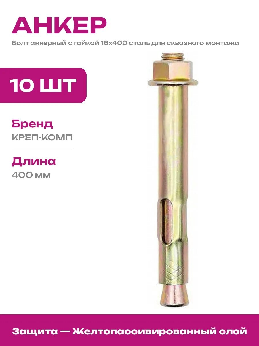 Стальной анкер для камня 16х400 мм с гайкой упаковка 10 шт