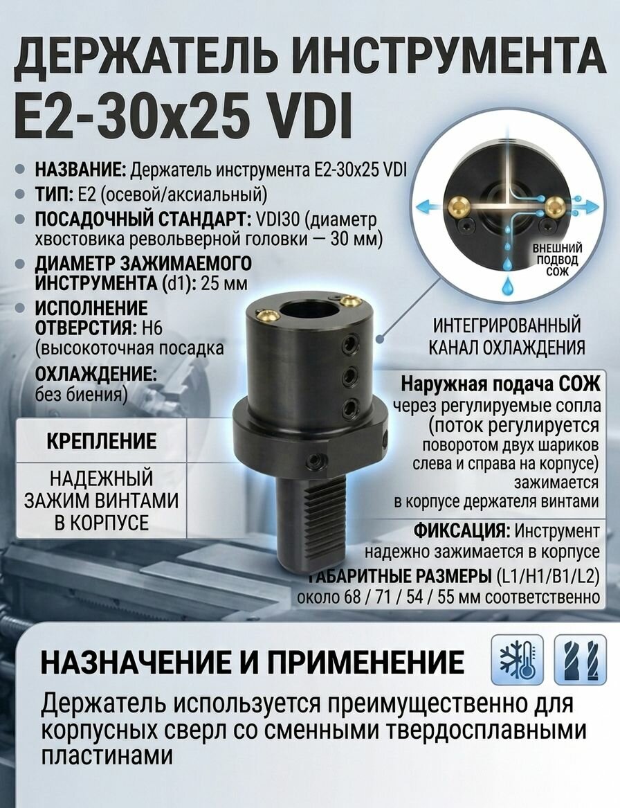 Держатель инструмента E2-30x25 VDI для расточных резцов, аксиальный