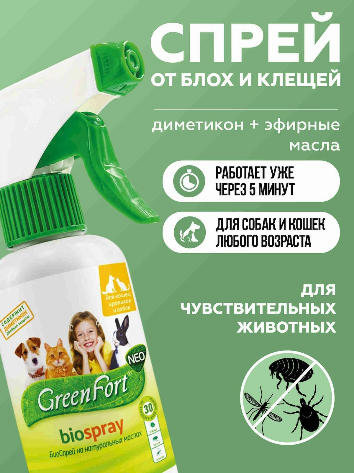 БиоСпрей GreenFort NEO от клещей и насекомых, для кошек, кроликов и собак, 200 мл