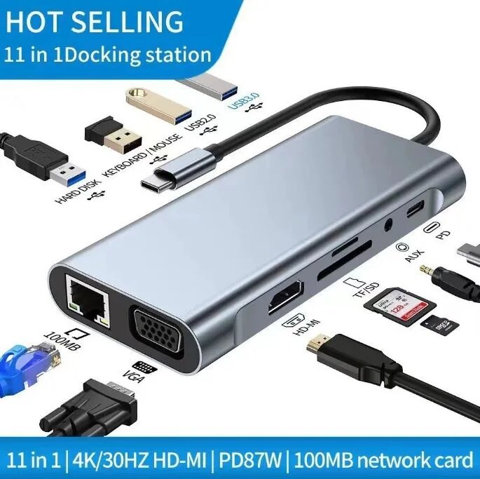 USB разветвитель 11 в 1 USB HUB Type C док станция Usb 3.0 хаб 3 0 переходник концентратор адаптер thunderbolt 4k Hdmi RJ45 TF SD картридер для ноутбука для макбука USB-2.0 Type-c vga pd aux