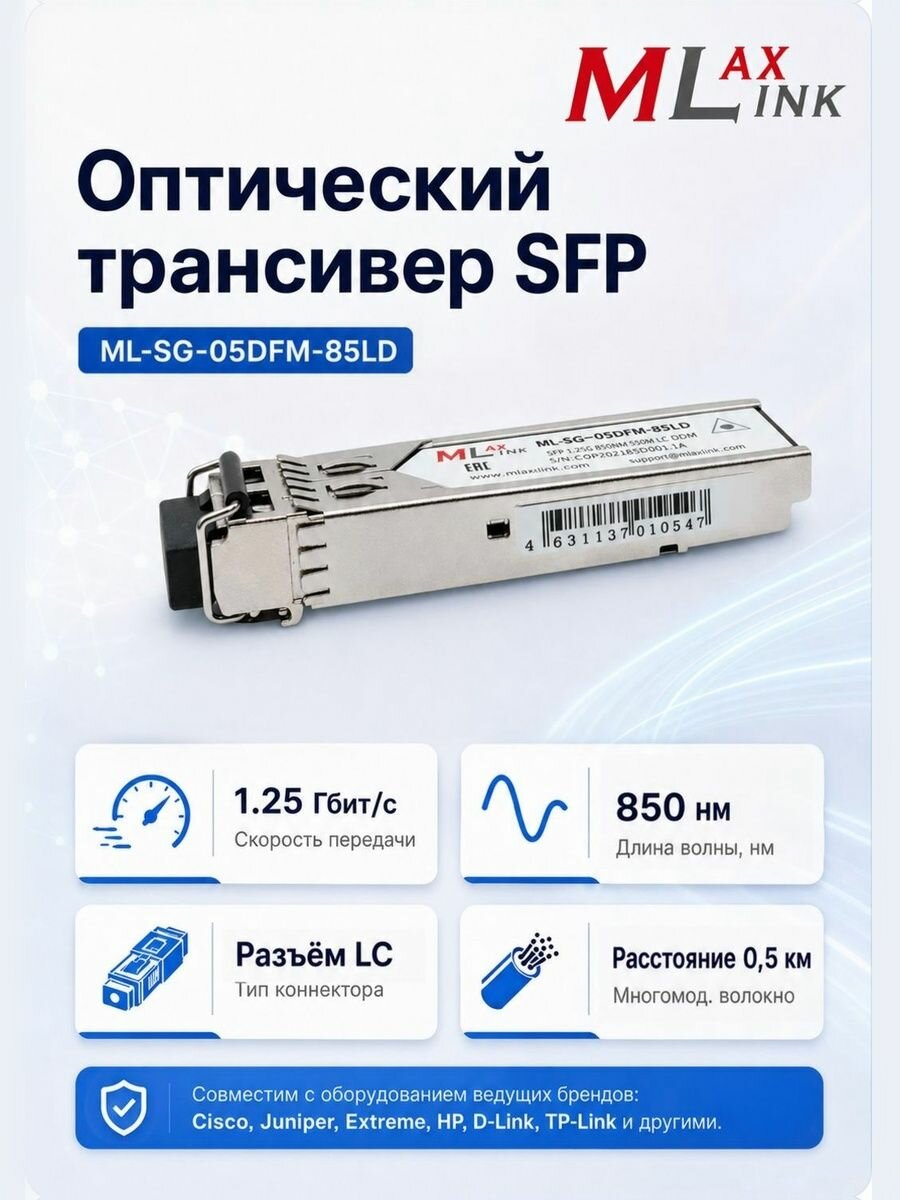 MlaxLink SFP модуль оптический многомодовый ML-SG-05DFM-85LD, 1.25Гб/с, 0.5км, 850нм, 2xLC, DDM