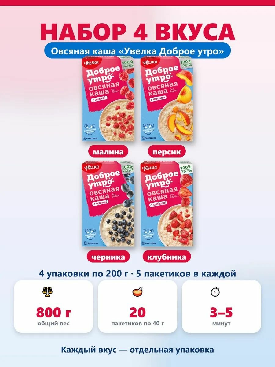 Каша овсяная Увелка Доброе утро, набор вкусов: малина, персик, черника, клубника. 800 г, 20 пакетиков по 40 г