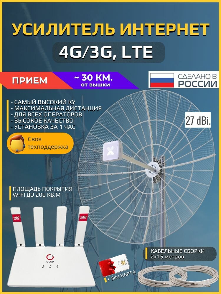 Комплект усилитель сигнала интернет 3G 4G для дачи / офиса с интернет-центром и мощной параболической антенной (до 30 км. от базовой станции)+ SIM карты