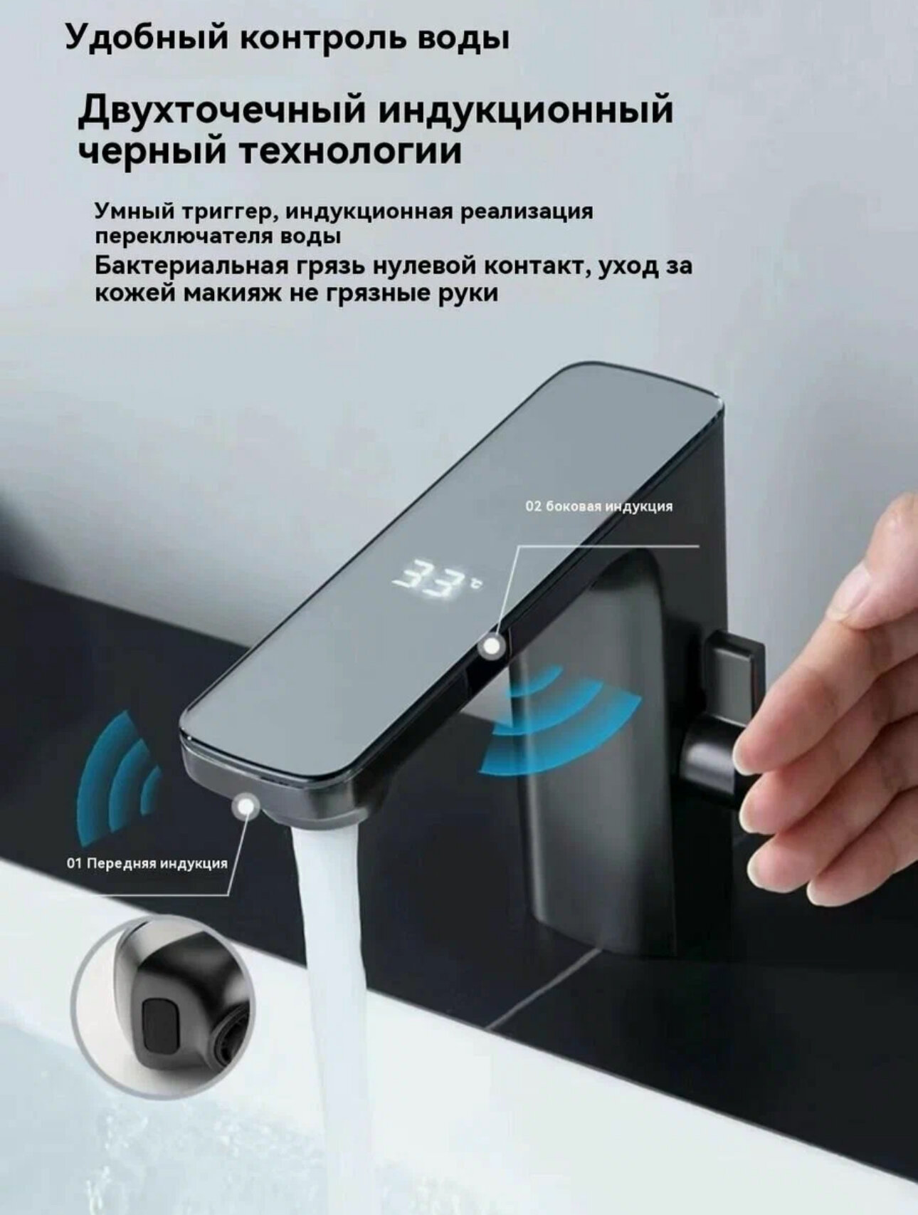 Смеситель для раковины с датчиком температуры и подсветкой серый сенсорный