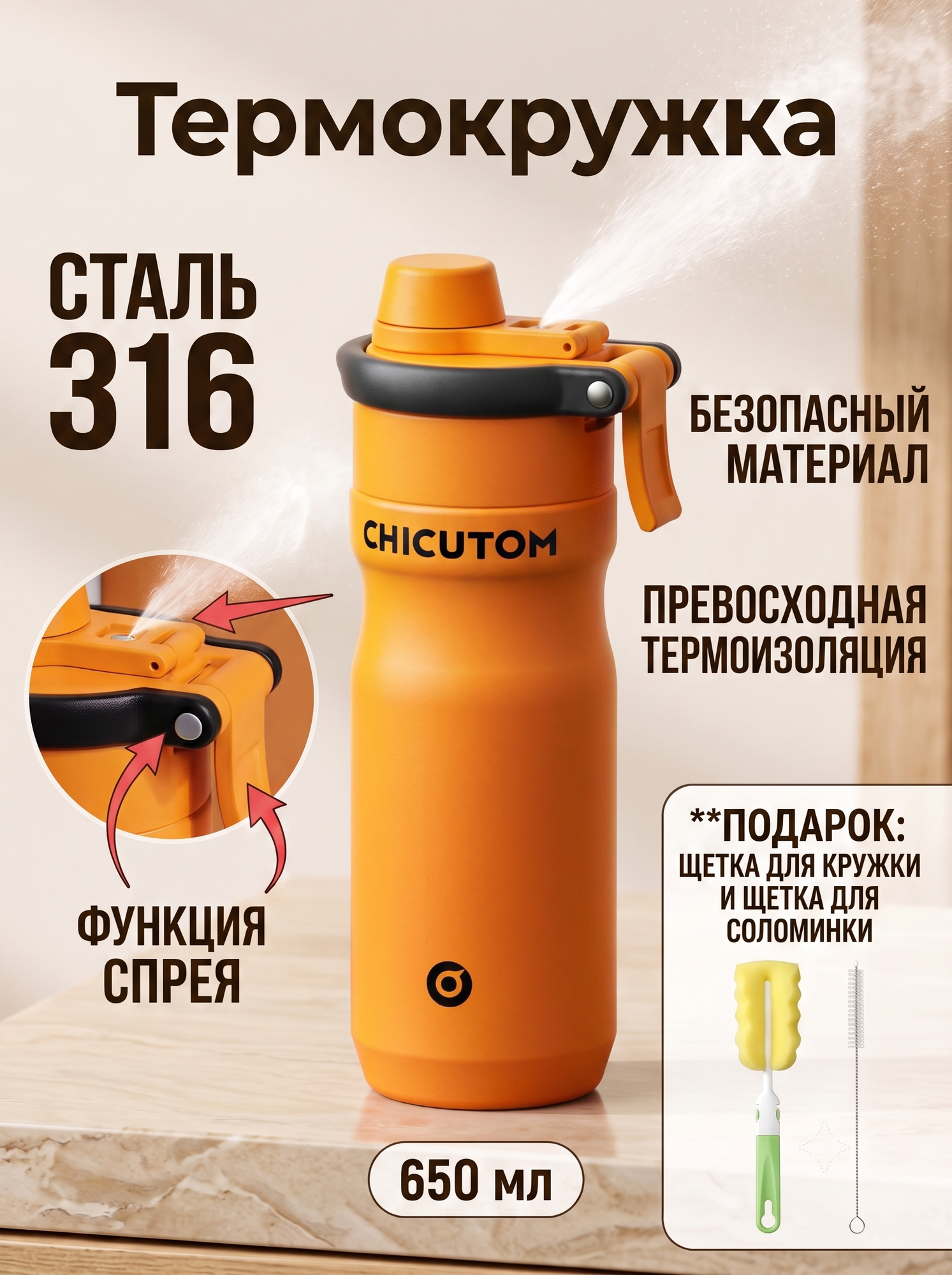 Термос-спрей 650 мл, вакуумная кружка из нержавеющей стали, спортивная бутылка для охлаждения в жару