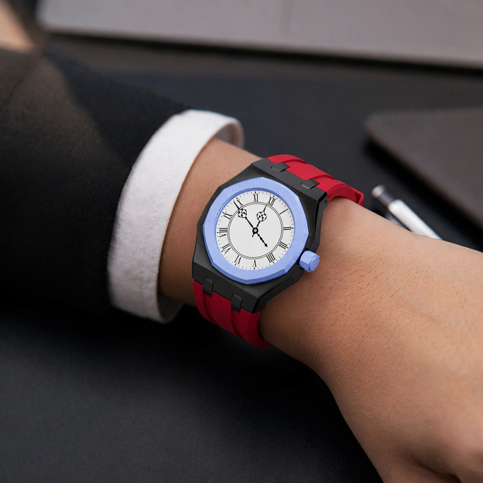 Ремешок для часов Swatch x Royal Pop, сталь и силикон, чёрно-красный, установка в 3 часа
