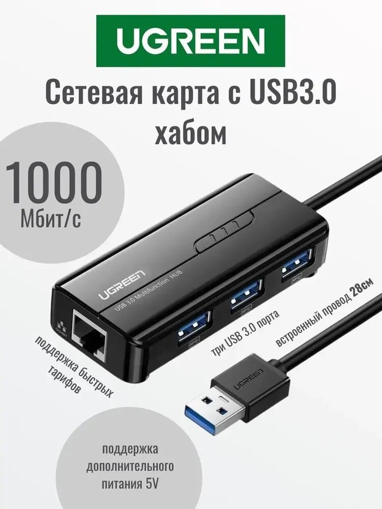 Адаптер сетевой UGREEN 20265 USB 3.0 Hub with Gigabit Ethernet Adapter. Цвет: черный