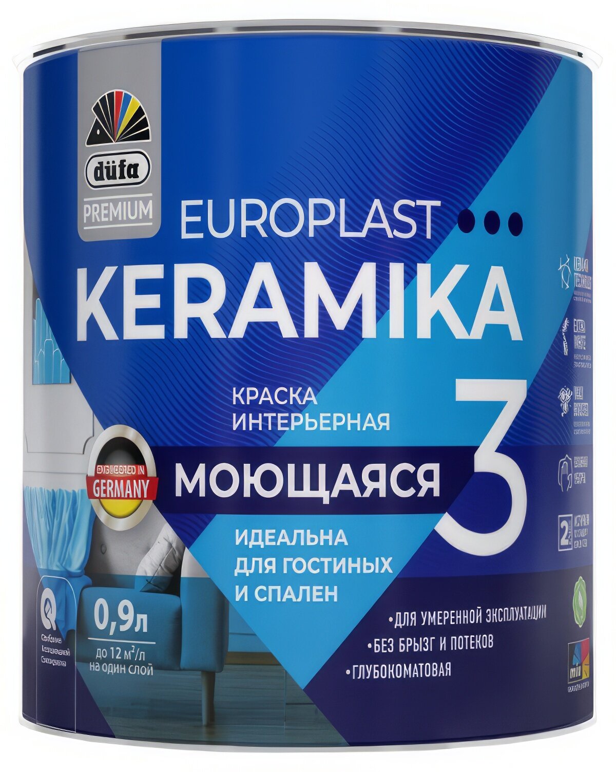 Краска в/д DUFA Premium EuroPlast Keramika 3 база 1 для стен и потолков 0,9л белая