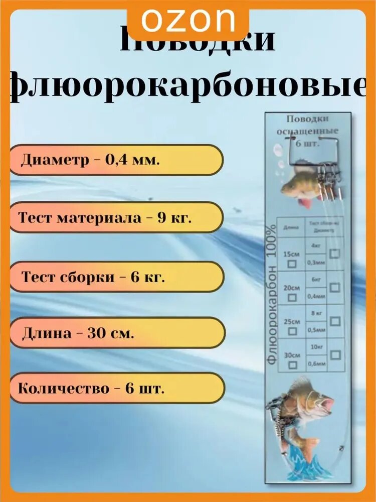 Поводки флюорокарбоновые рыболовные 0,4мм (тест сборки 6кг.), 6шт, 30см.