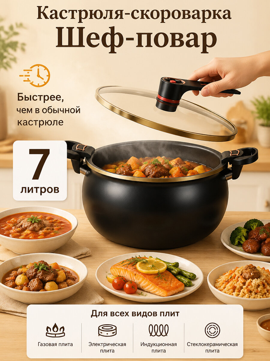Кастрюля с крышкой эмалированная скороварка для индукционных плит 7л