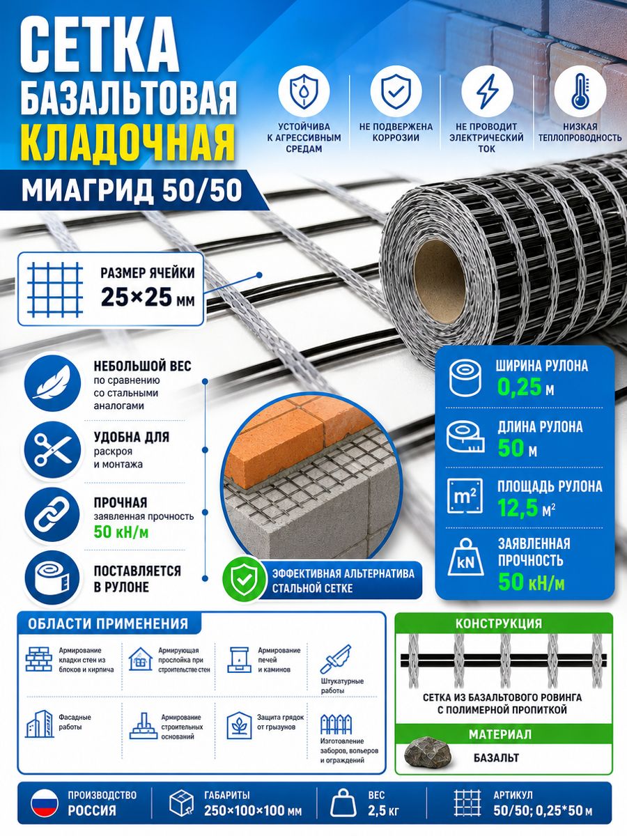 Сетка базальтовая кладочная миагрид 50/50; 0,25*50 м, ячейка 25 мм, 50 кН/м для кладки блоков, армирования кладки (стена, печь, камин), защиты грядок от грызунов, установки легких заборов и вольеров