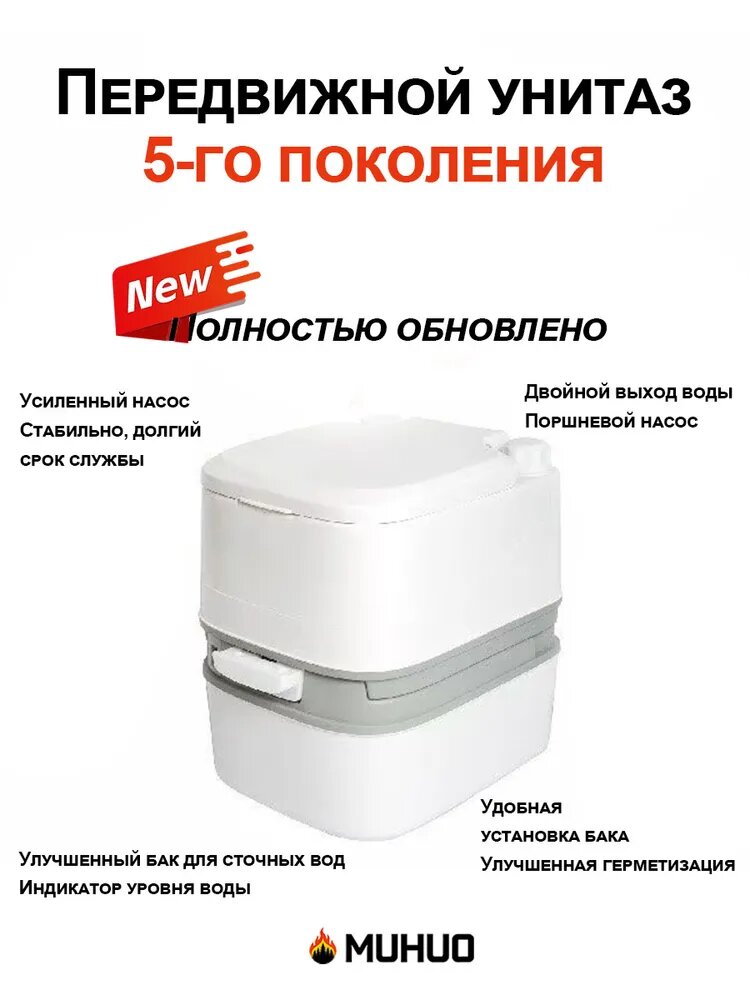 Переносной биотуалет MUHUD, 20 л чистый бак, 24 л бак для отходов, ручная помпа, нагрузка 200 кг, пластик, белый/светло-серый — фото 1