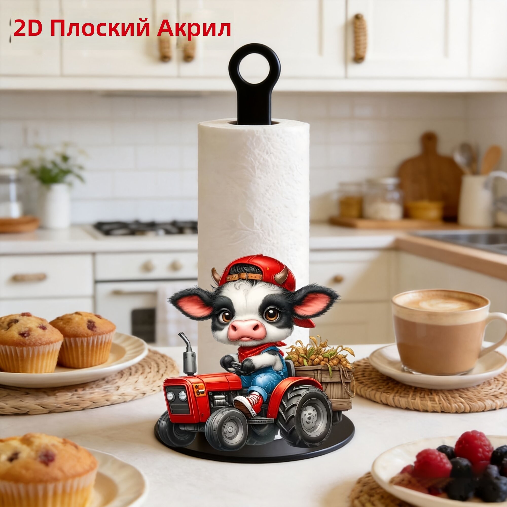 Настольный вертикальный держатель для салфеток из акрила с рисунком коровы и трактора (2D), модель TBJ02
