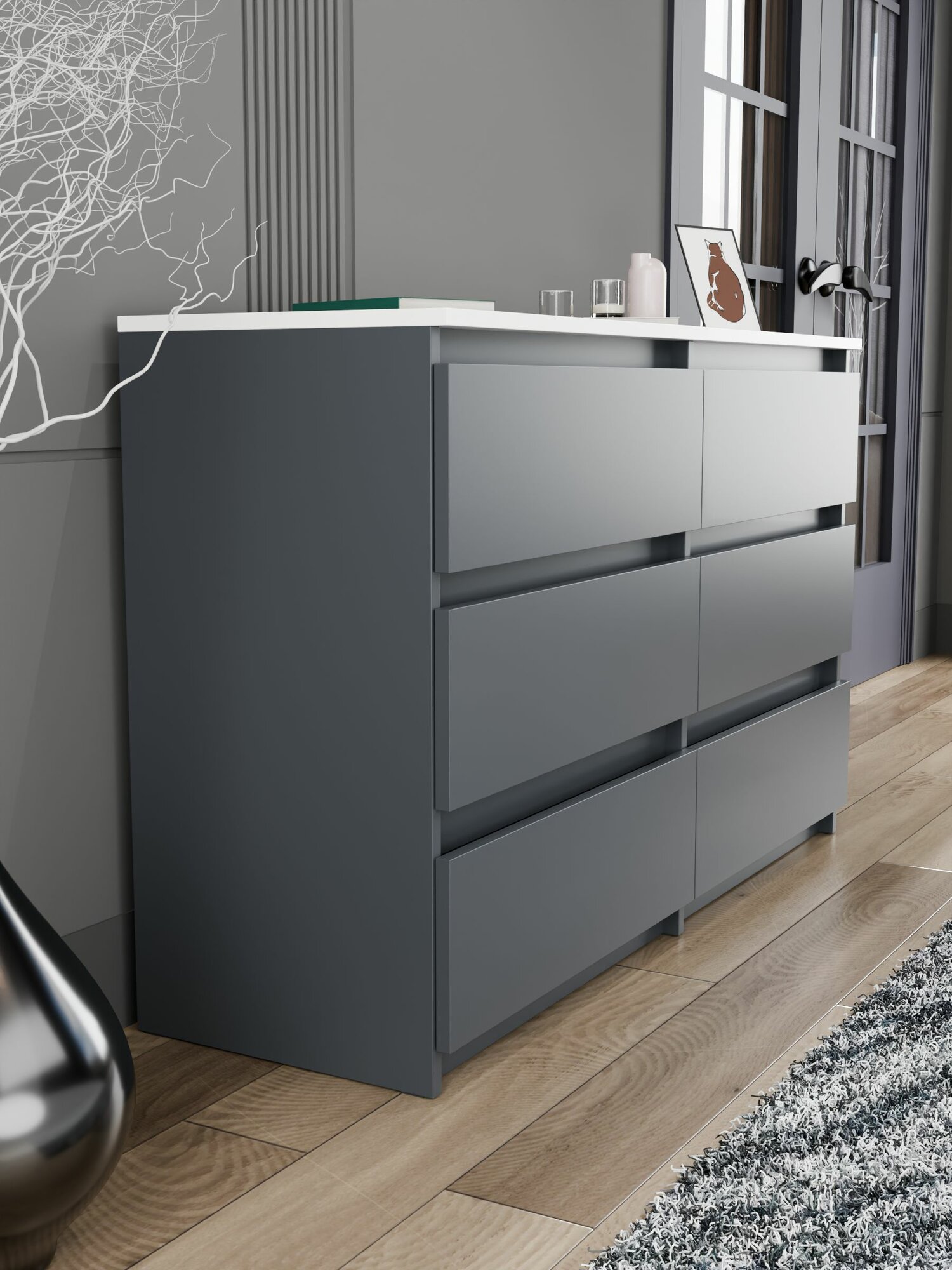 Комод для белья и одежды орлан 6 ящиков, 120х76.4х40 см, графит/белый