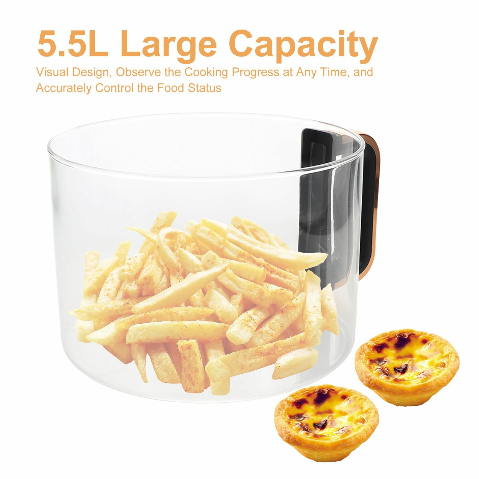 Круглая стеклянная чаша для аэрогриля 5.5 л, высокотермостойкая, с пластиковой ручкой для домашнего использования