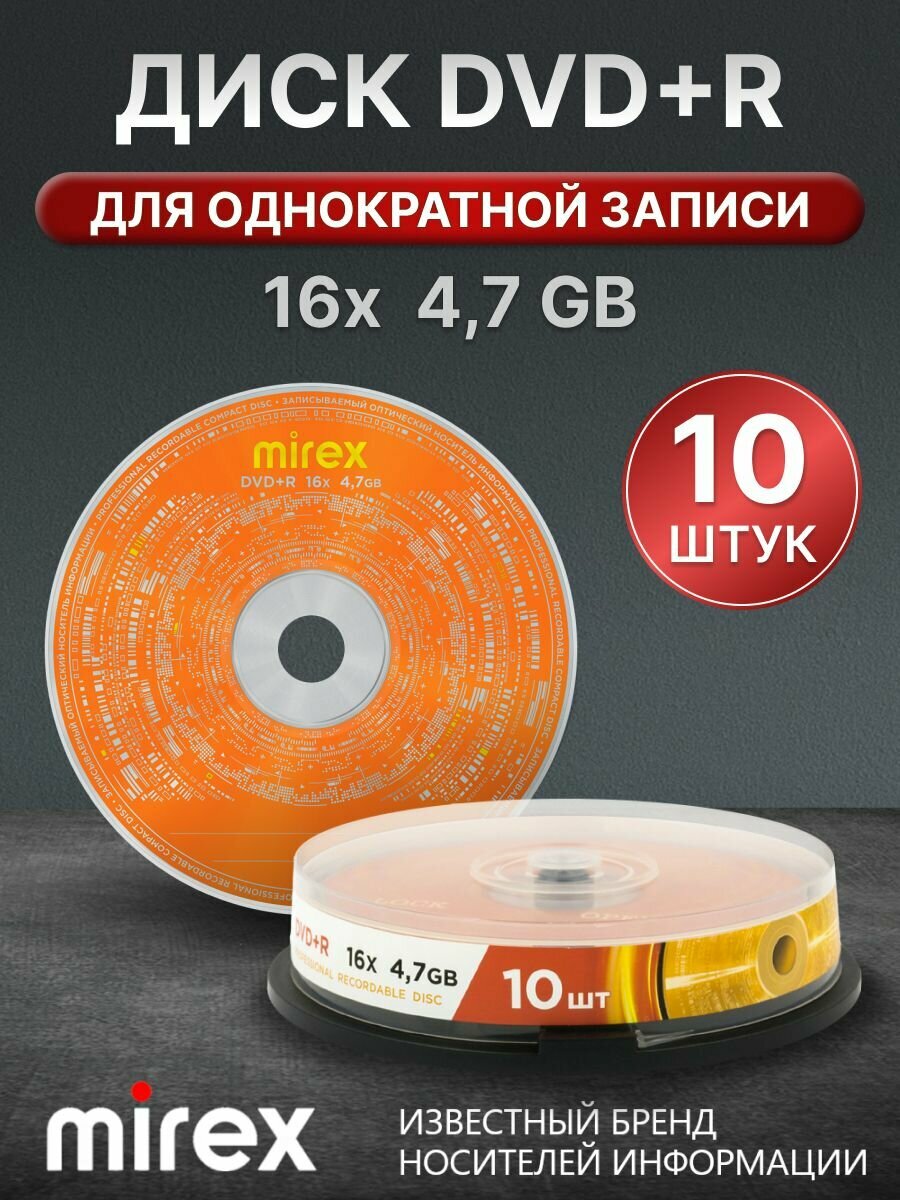Диски для записи DVD+R Mirex 4,7GB 16X Cake box 10 шт