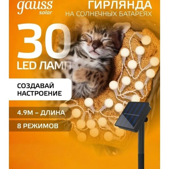 Гирлянда садовая на солнечной батарее Gauss 30 LED ламп Шары Белый свет Solar, 1/24