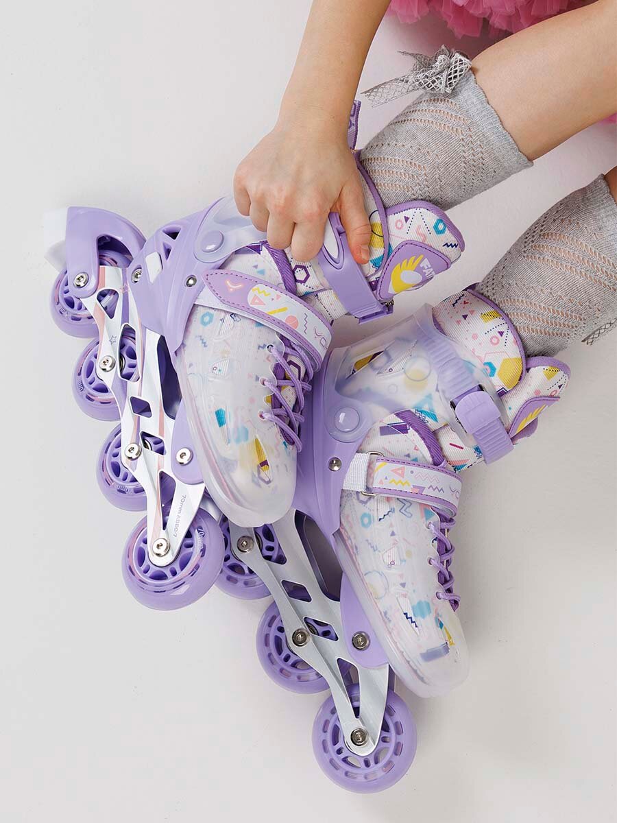 Роликовые коньки YOKI FATE, раздвижные, 4 колеса, ABEC 7, жесткость 82A, белые/фиолетовые