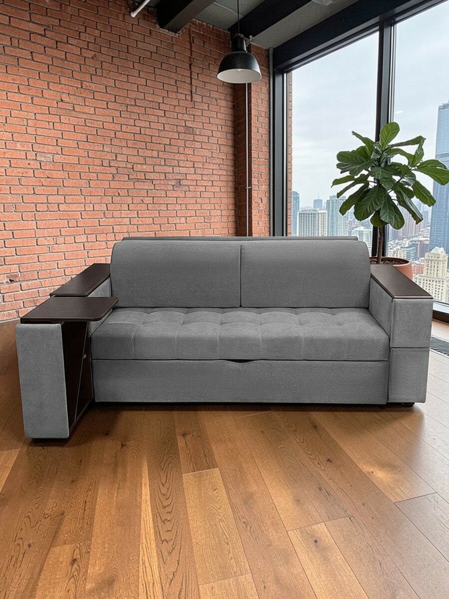 Диван кровать раскладной Айсберг с столом и ящиком на металлокаркасе, серый