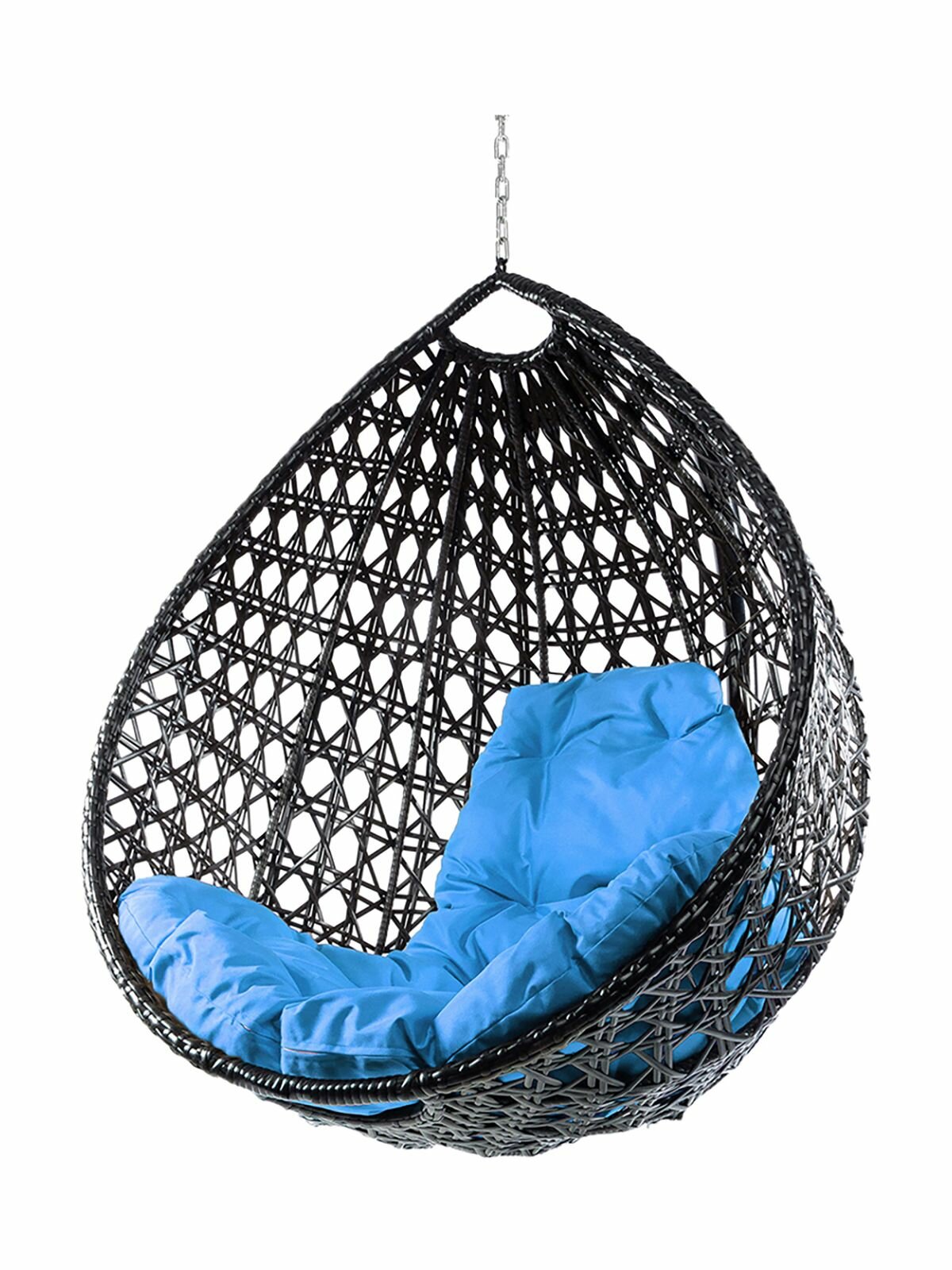 Подвесное кресло капля люкс (без стойки), с ротангом черное, голубая подушка