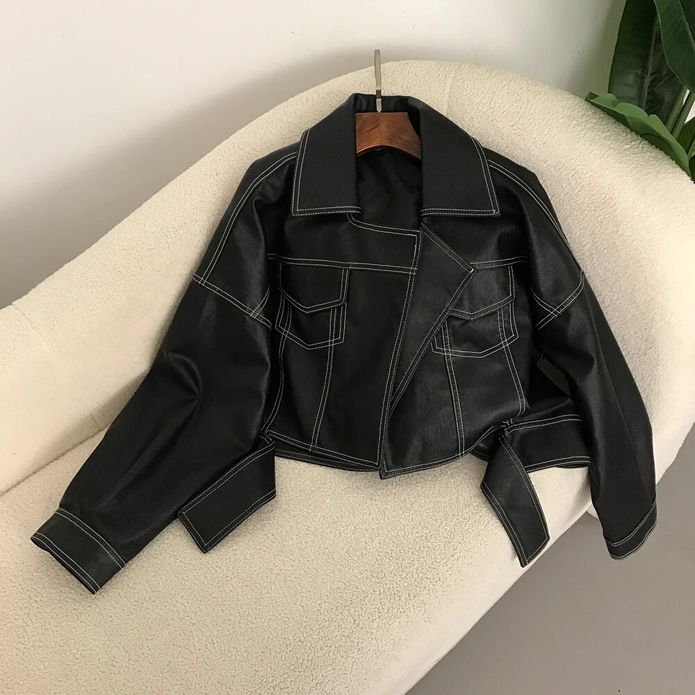 Женская Уличная Байкерская Куртка Из Искусственной Кожи, Весенняя Мода, На Молнии, С Длинным Рукавом, Черное Пальто Миди