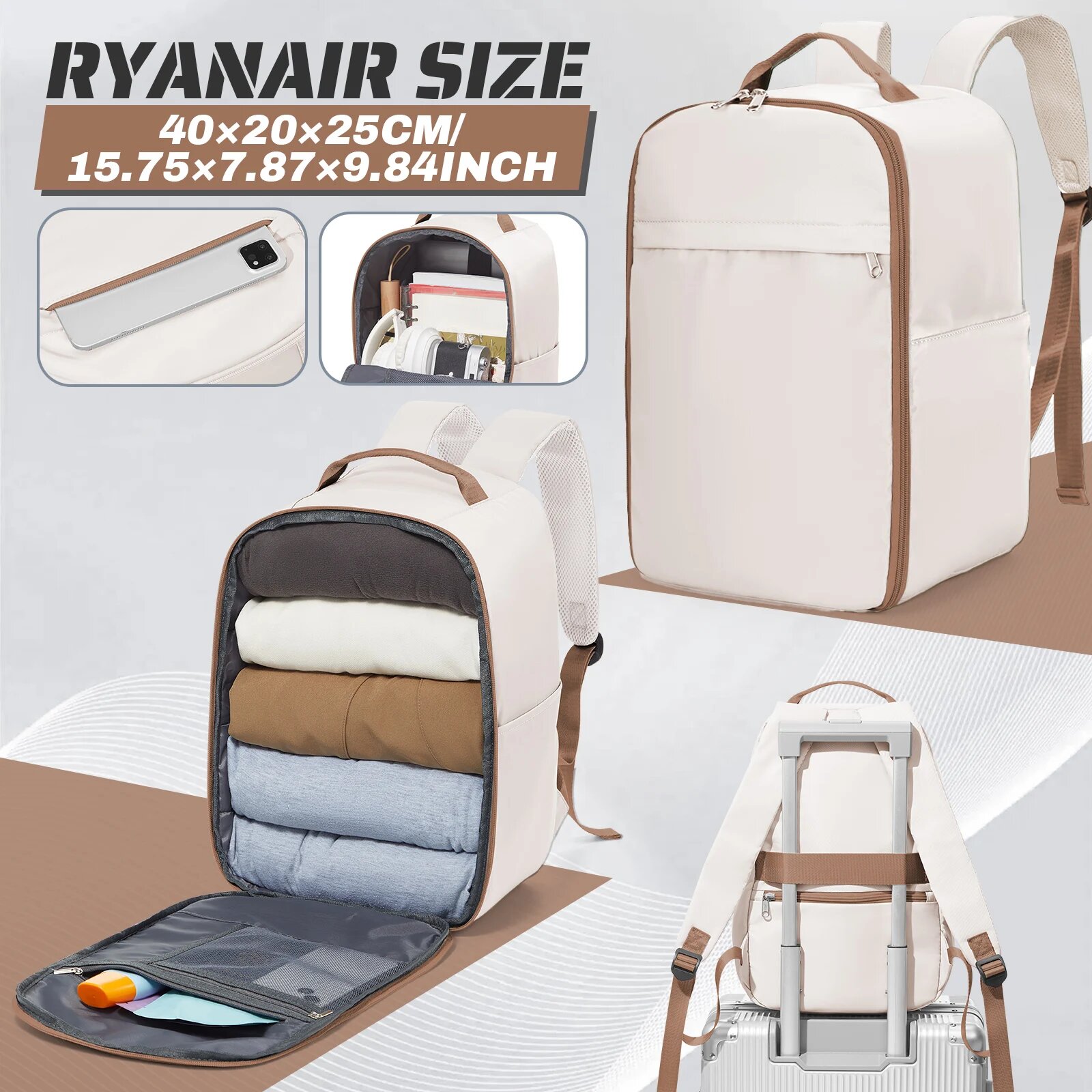 Рюкзак ручной авиабагаж Ryanair 40x20x25 Бежевый