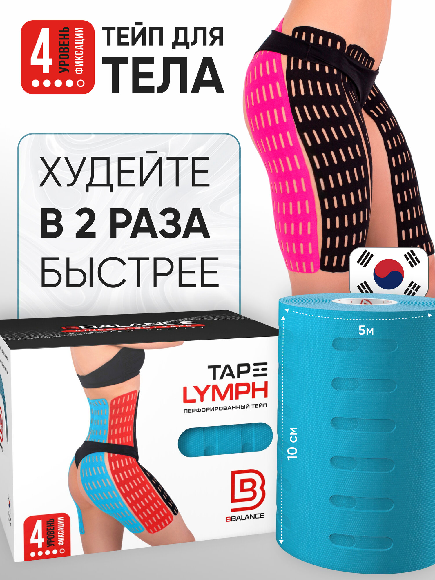 BBalance LYMPH, перфорированный лимфодренажный тейп для тела. Уровень фиксации 4. Размер 10см*5м, цвет голубой