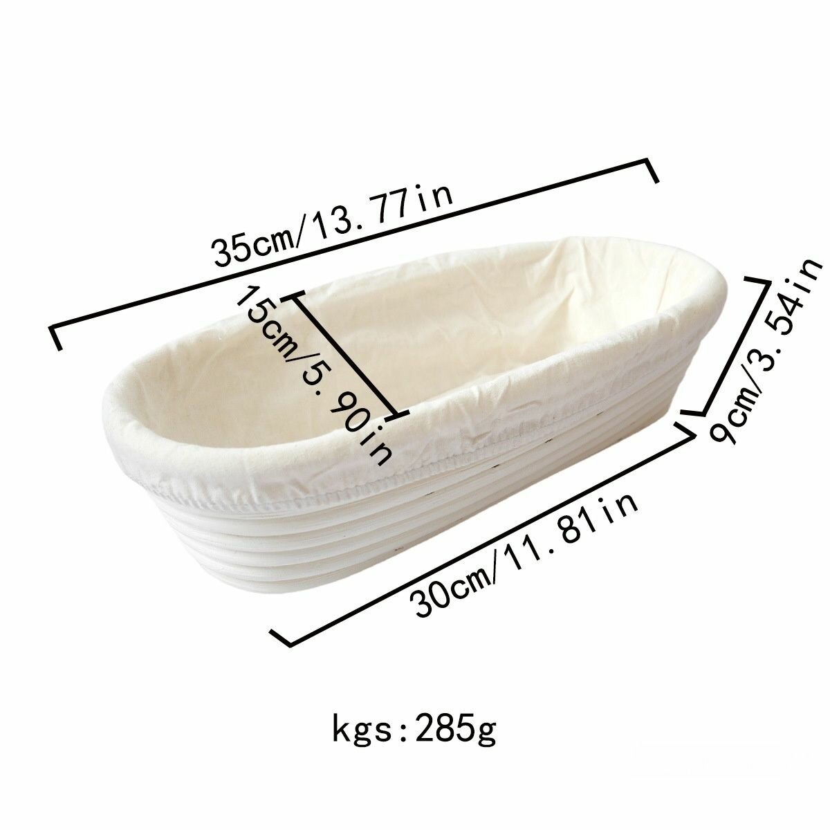 Плетеная расстоечная корзина для хлеба 35 15 7.5 см - индонезийский ротанг с льняным чехлом