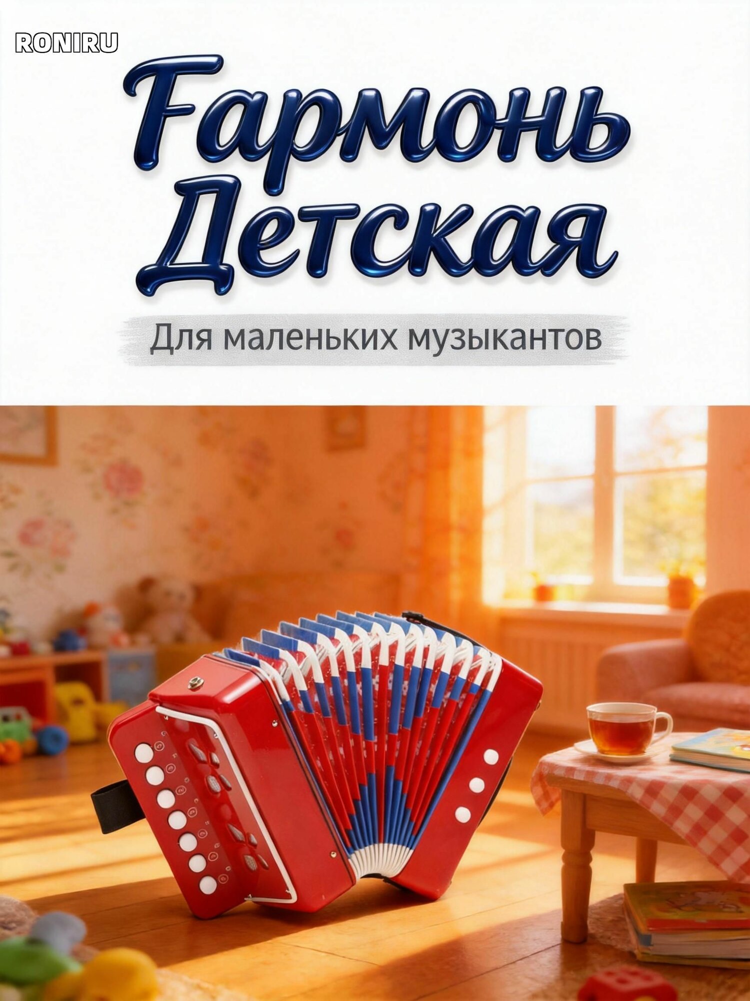 Детский аккордеон, развивающая музыкальная игрушка с 7 основными клавишами и 14 тональными кнопками, компактный корпус из ABS пластика и водонепроницаемая лента