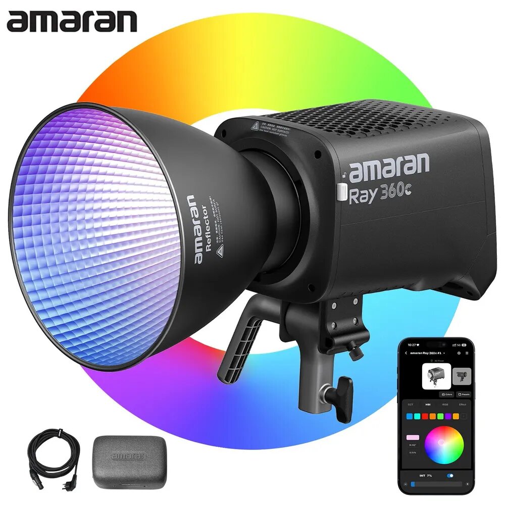 Светодиодный видеосветильник Aputure Amaran Ray 360c мощностью 360 Вт RGB с управлением через приложение/DMX, непрерывный световой поток COB 1800 20 000 К, портативное крепление Bowens
