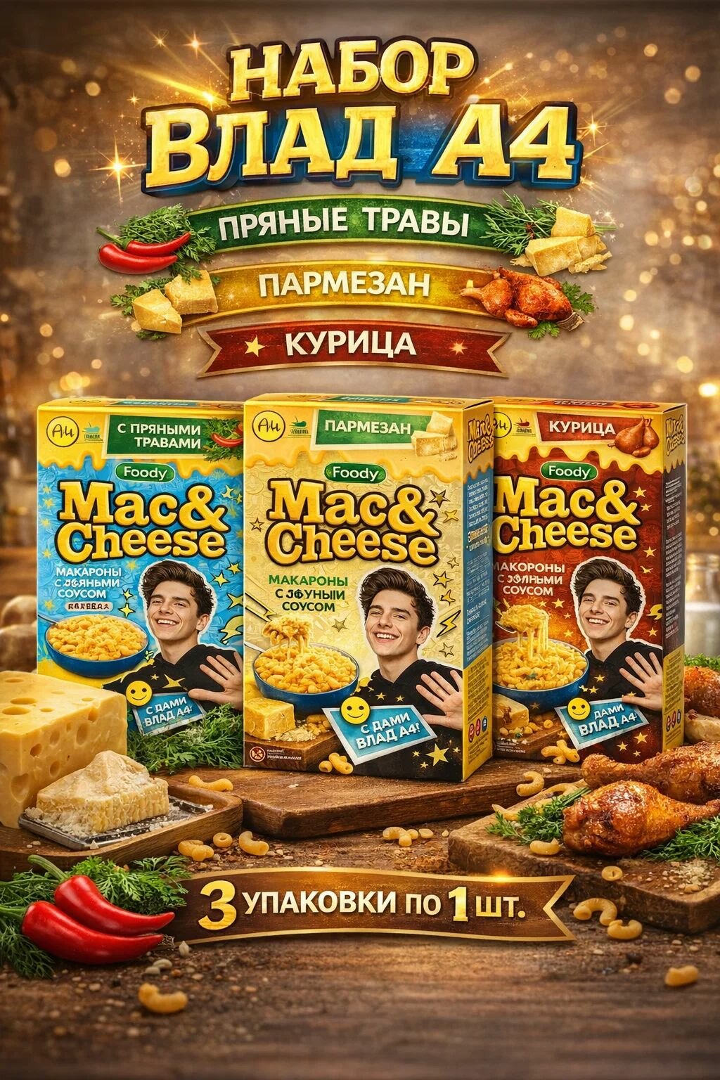 Набор 3 вкуса макарон Влад А4 Mac&Cheese по 143 гр
