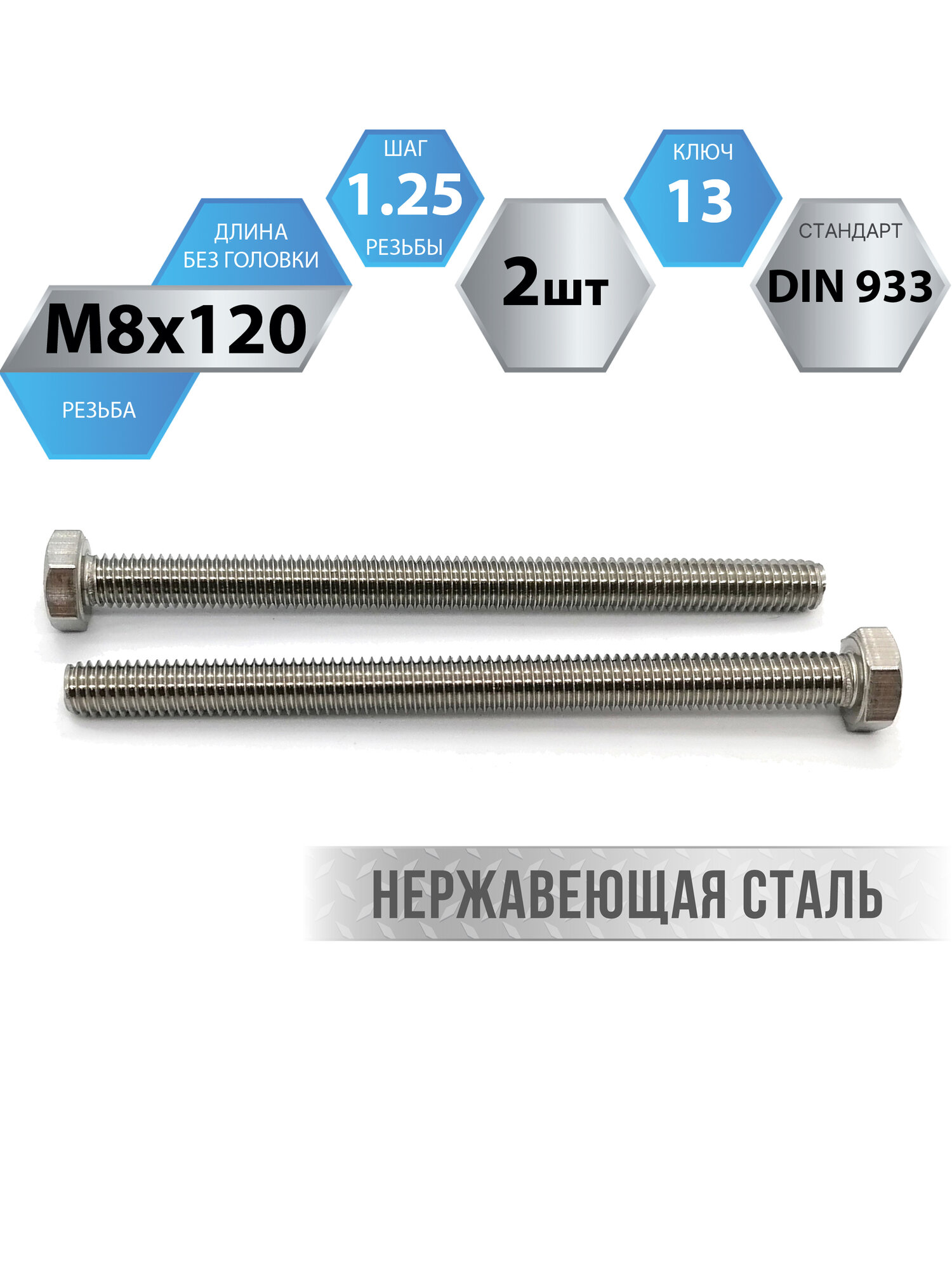 Болт М8х120мм, нержавеющая сталь, DIN933, 2шт.