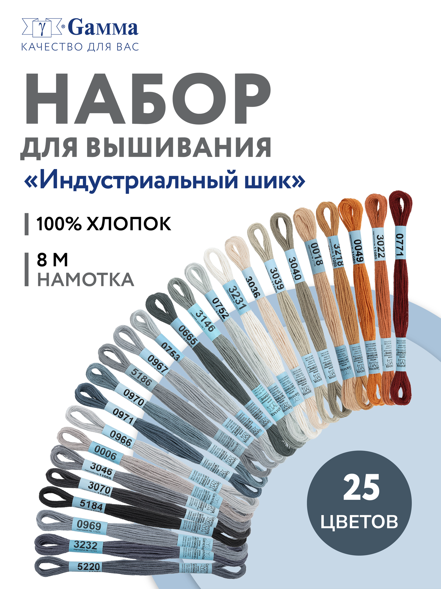 Набор нитки мулине, хлопок, 25 цветов Gamma ПН-25 Индустриальный шик