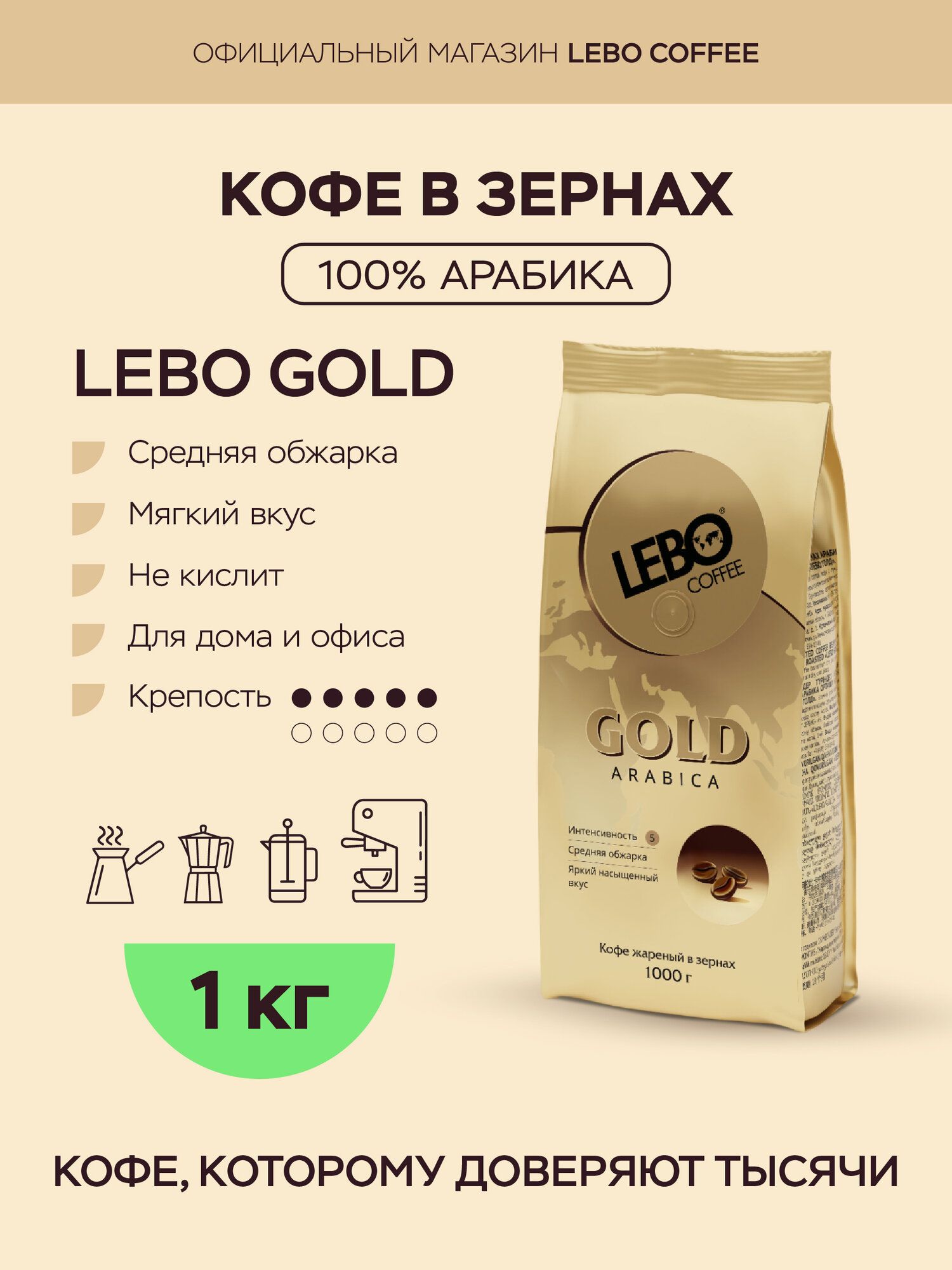 Кофе Lebo Gold, 100% арабика, Колумбия/Никарагуа/Бразилия, 1кг