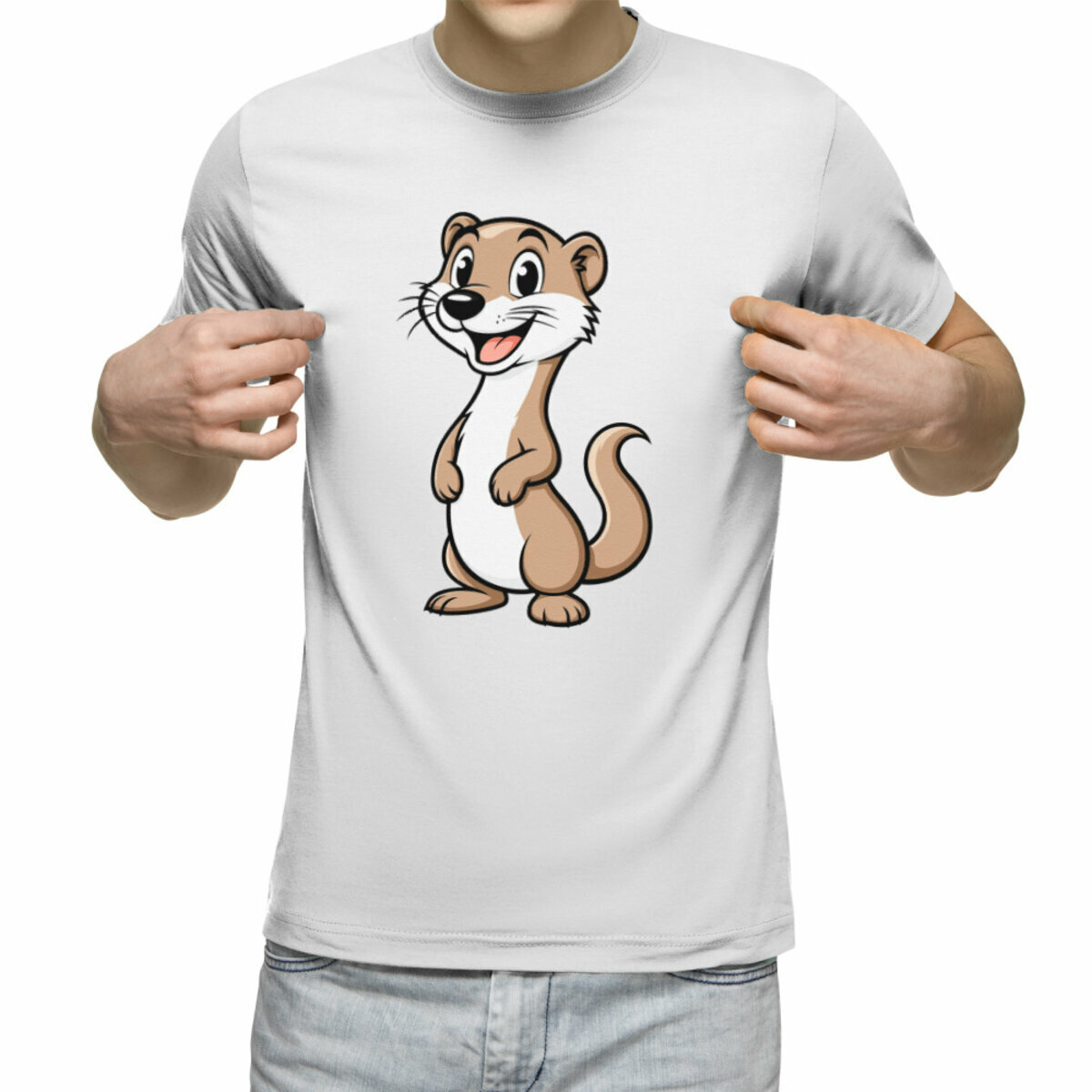 Мужская футболка «Улыбчивая мультяшная ласка» (белый, 3XL)