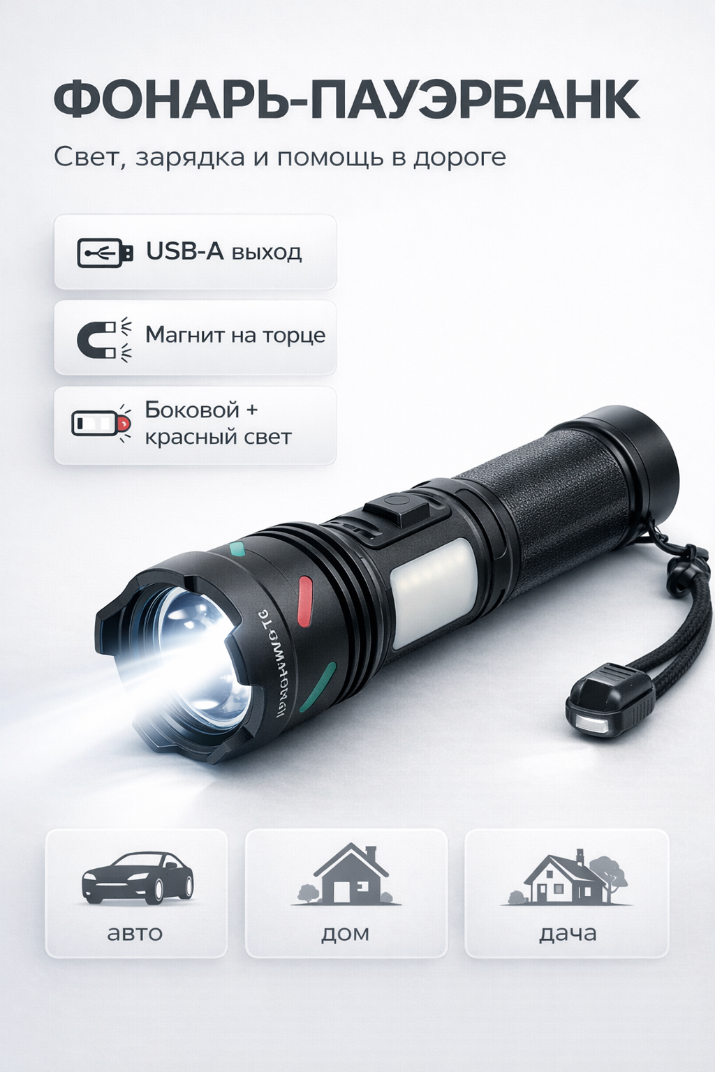 Фонарь аккумуляторный Светлый дом K-336-PM10-TG, светодиоды, USB-зарядка, встроенный powerbank