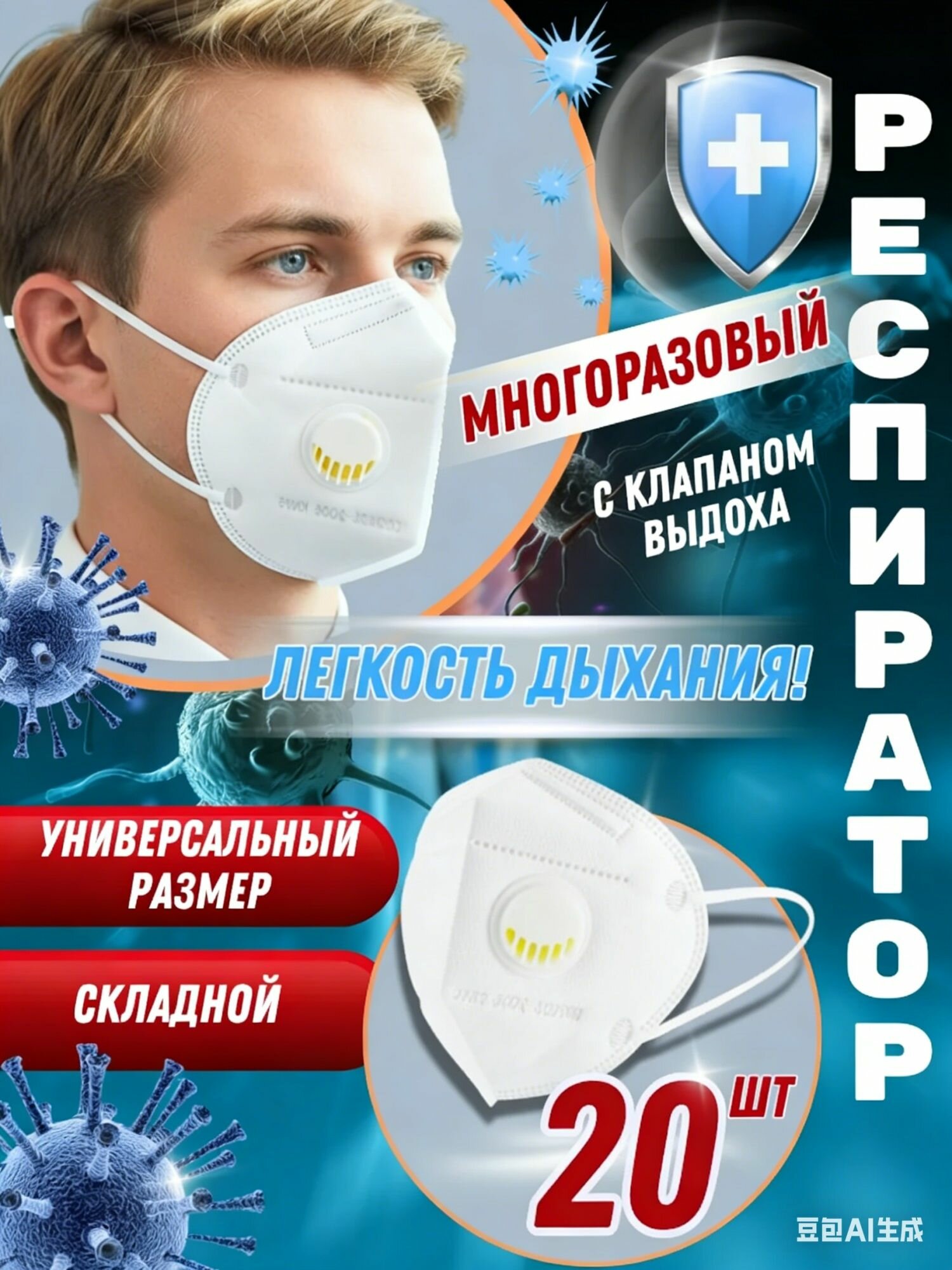 Респиратор многоразовый с клапаном FFP2 маска KN95 100 шт