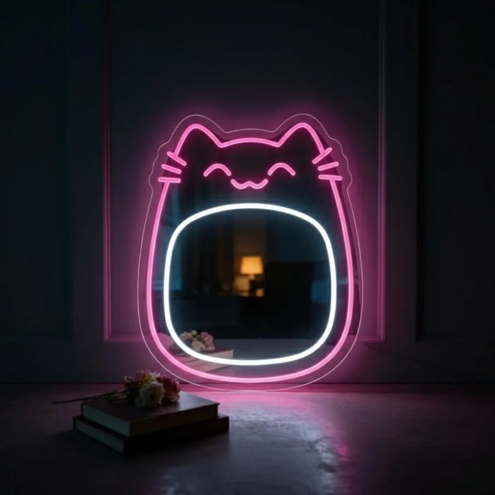 Cute Cat Mirror Neon Sign - USB Adjustable Brightness LED Wall Decor Multi-Mount Neon Light for Bedroom Bar Salon Dressing Table