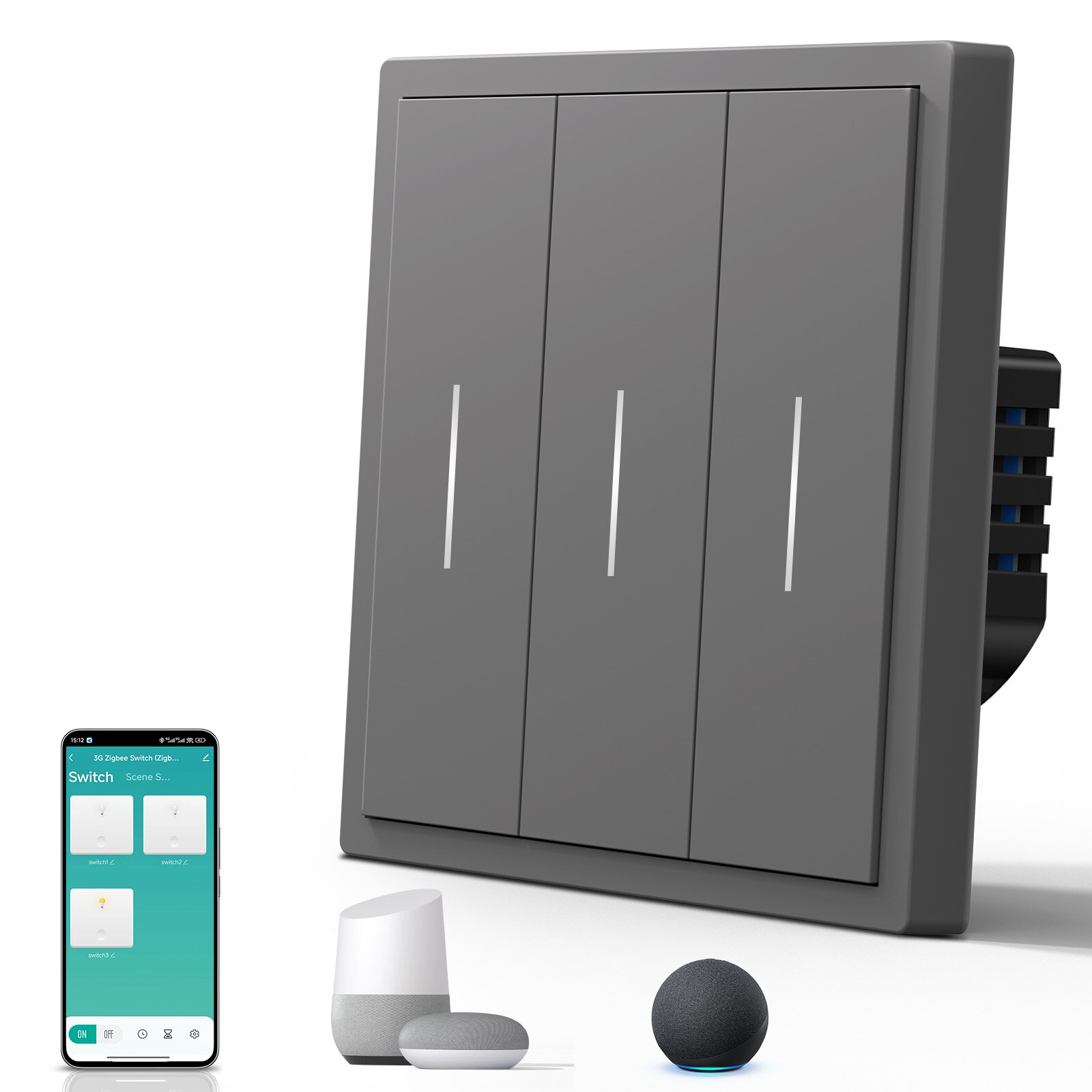 Умный выключатель Wi-Fi Scale, 3кл, 1 пост, рамка 86x86 мм, Алиса, цвет серый