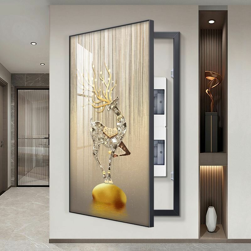 Декоративная картина для электрощита 40x50 см с гидравлической петлей и алюминиевой рамой (Золото/Черный) - Скрывает электрощит 30x40 см, без сверления, водонепроницаемая, для гостиной