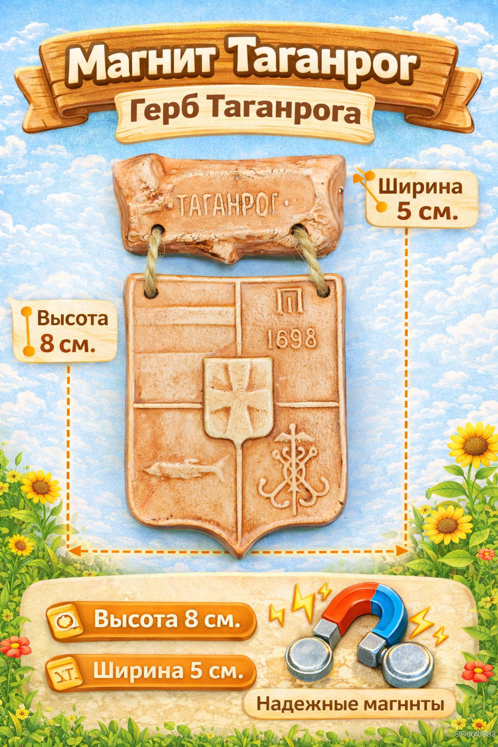 Магнит Таганрог Герб, керамика, коричневый, 80х50х5 мм. 1 шт.