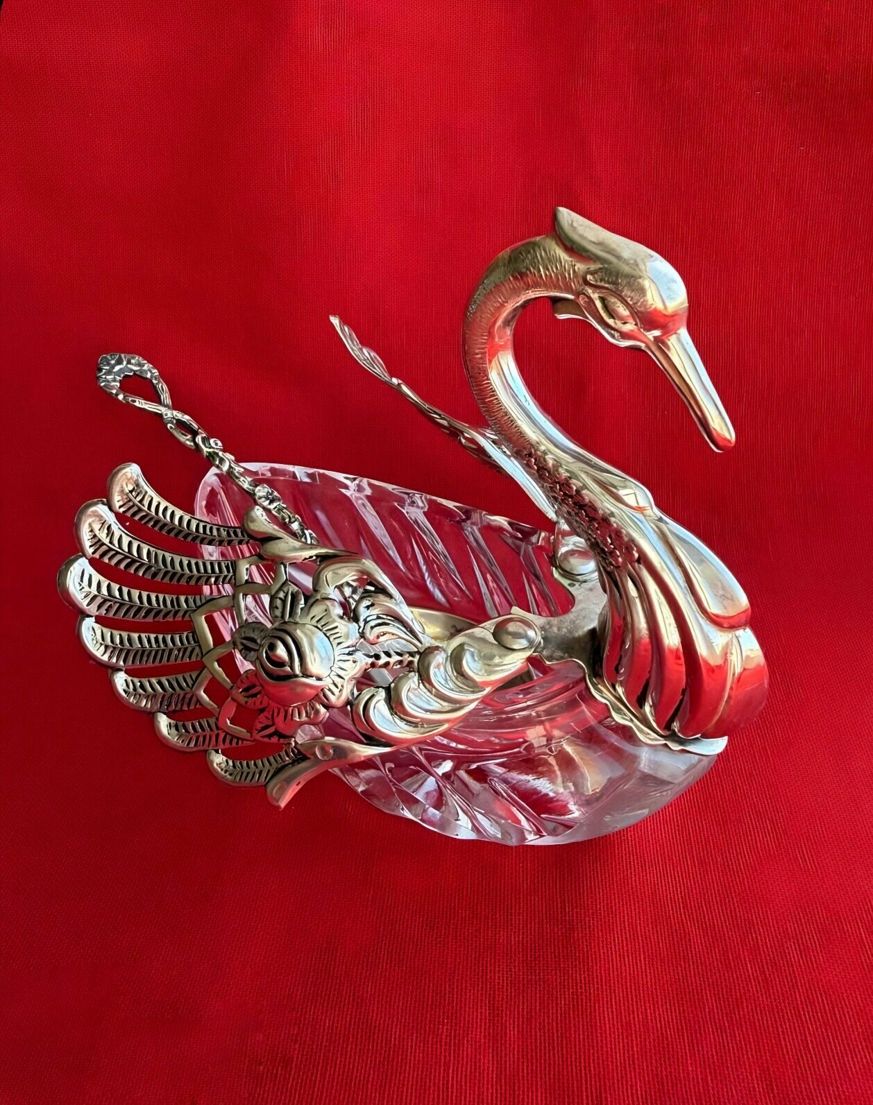 Икорница "Лебедь", винтажная, с серебряной ложкой, серебрение