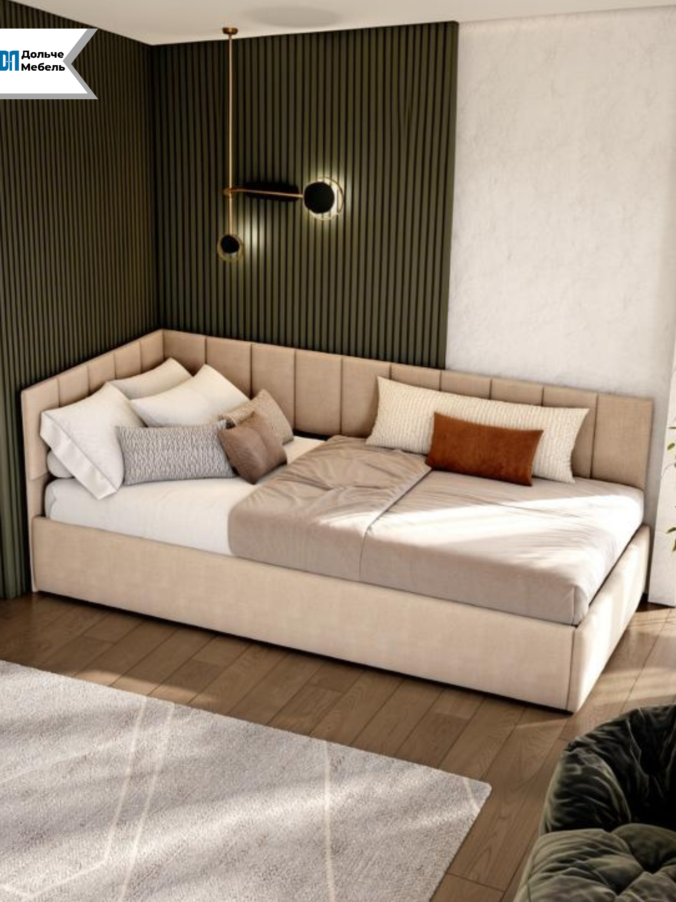 Кровать односпальная 90х200 мягкая КР 3 SAFE с угловой спинкой, бежевая ткань, кровать-софа для детей и подростков