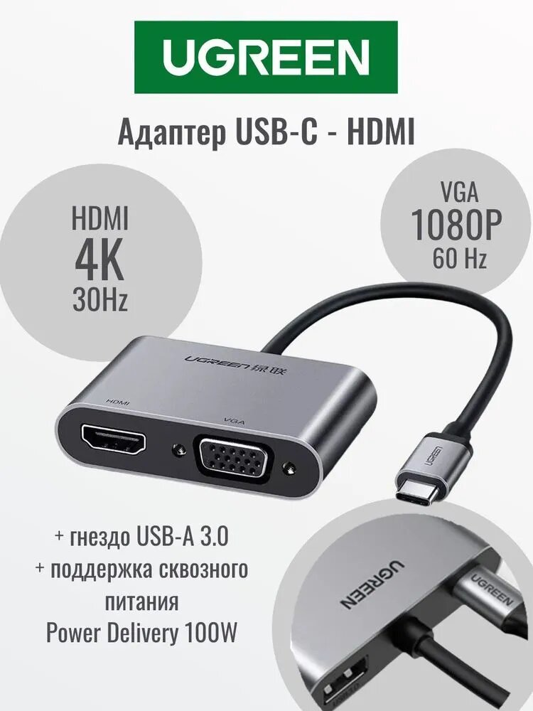 Порт-репликатор UGREEN CM162, серый (50505), HDMI, VGA, USB Type C, магнитный,