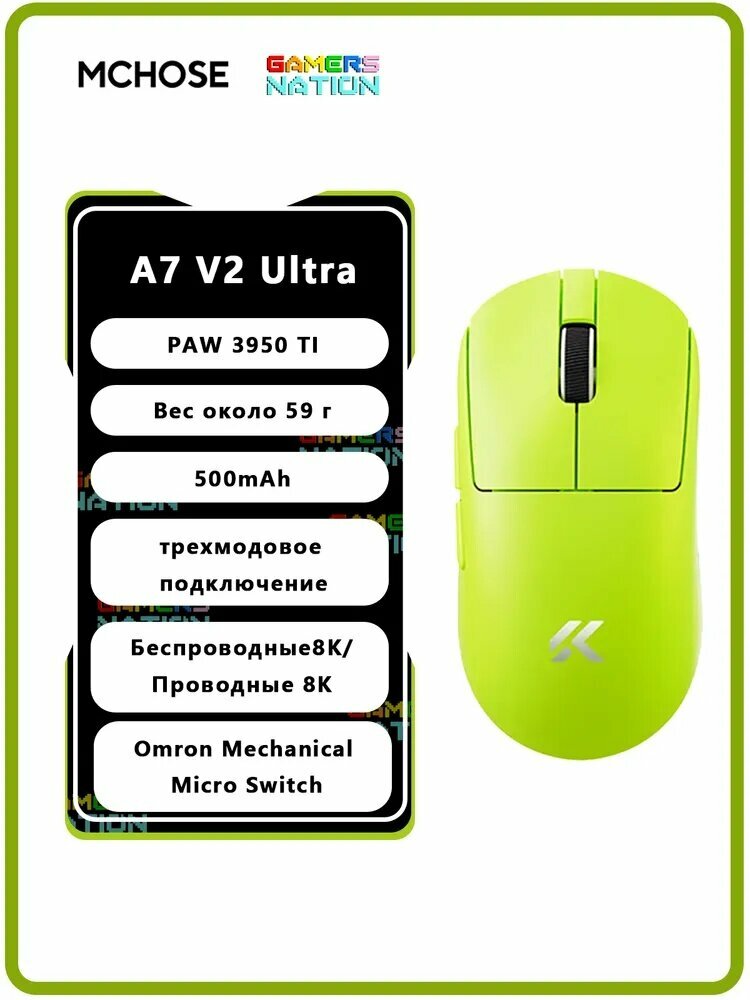 MCHOSE Игровая мышь беспроводная A7 V2 ULTRA, светло-зеленый