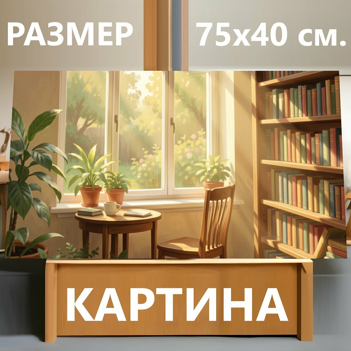 Картина на холсте "Уютная библиотека у окна. Светлая домашняя комната в теплых бежевых тонах, солнечные лучи через большое окно, книжные полки." на подрамнике 75х40 см. для интерьера