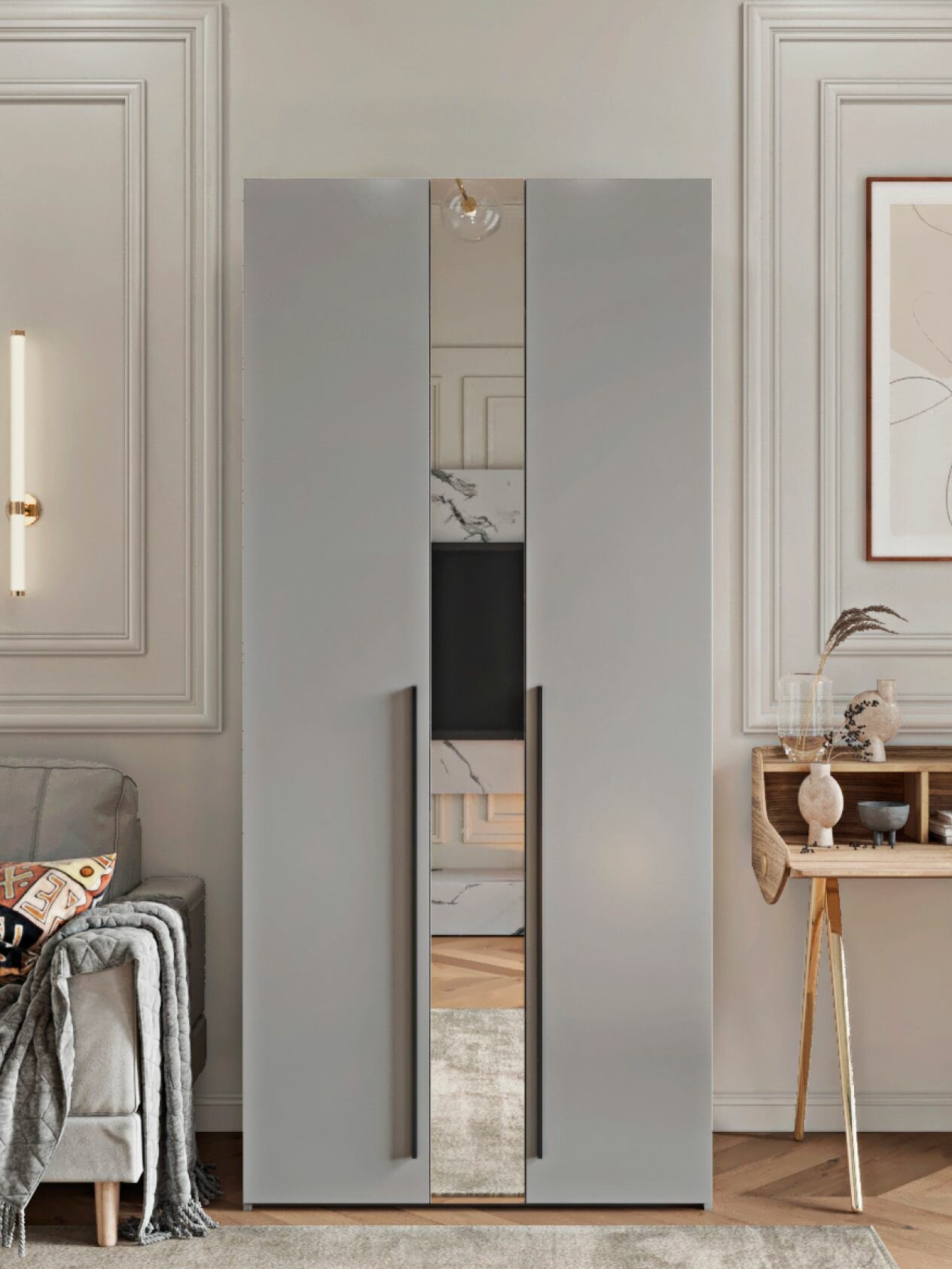 Casa Mia 80x50x240 см. Шкаф для одежды распашной с зеркалом, 2-дверный с полками и штангой, серый, ручка скоба 960 мм